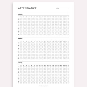 Yearly Employee Attendance Log Printable - Working Days, Days Off ...