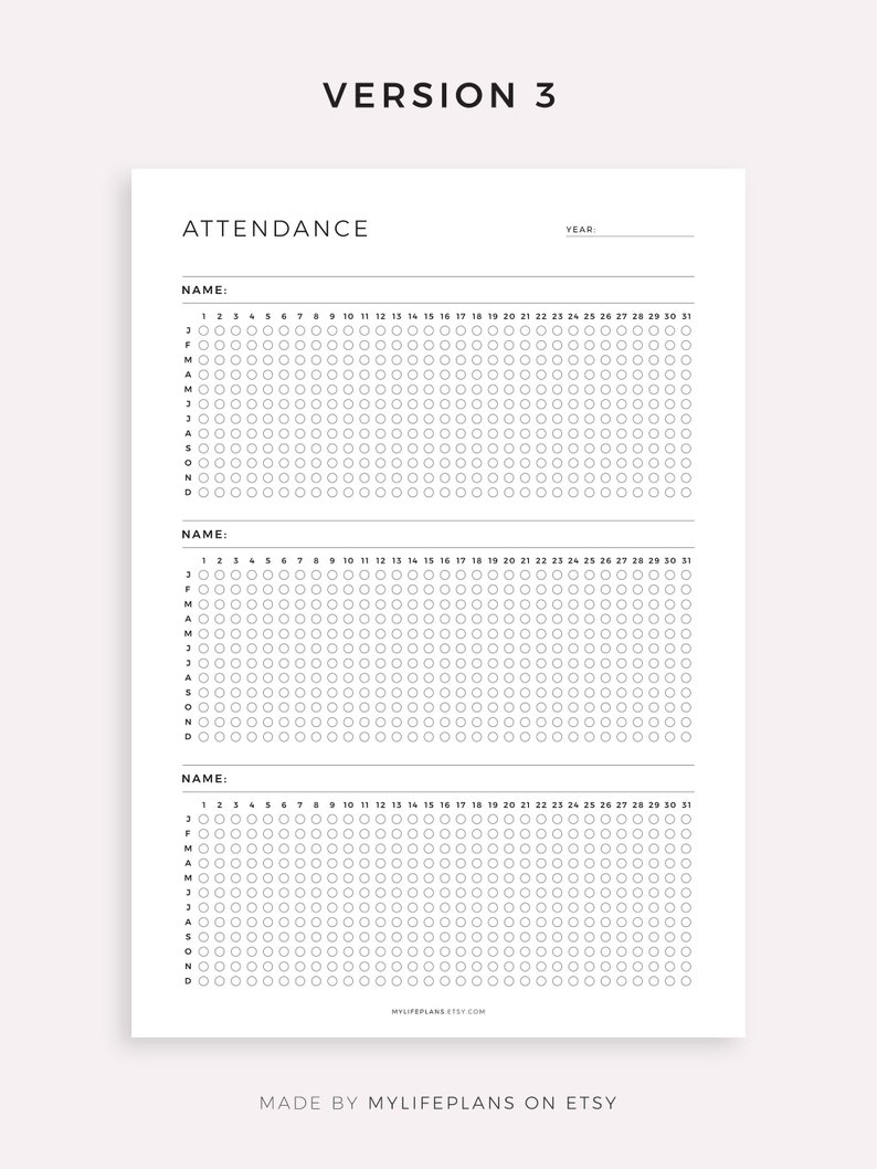 Yearly Employee Attendance Log Printable - Working Days, Days Off ...