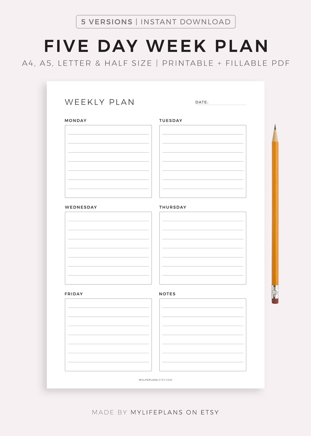 Five Day Weekly Planner Printable, Student Planner, Desk Organizer ...