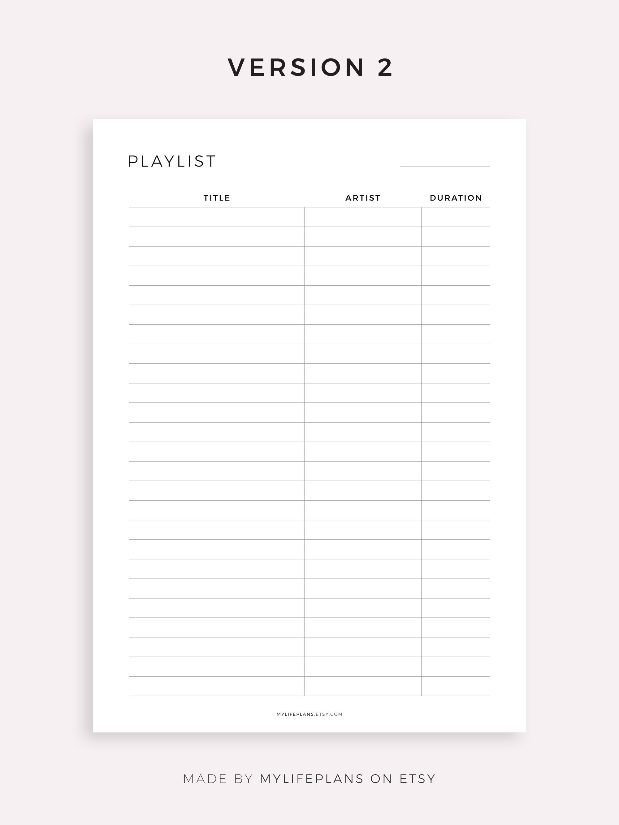 Simple Music Playlist Printable Favorite Songs Fitness - Etsy