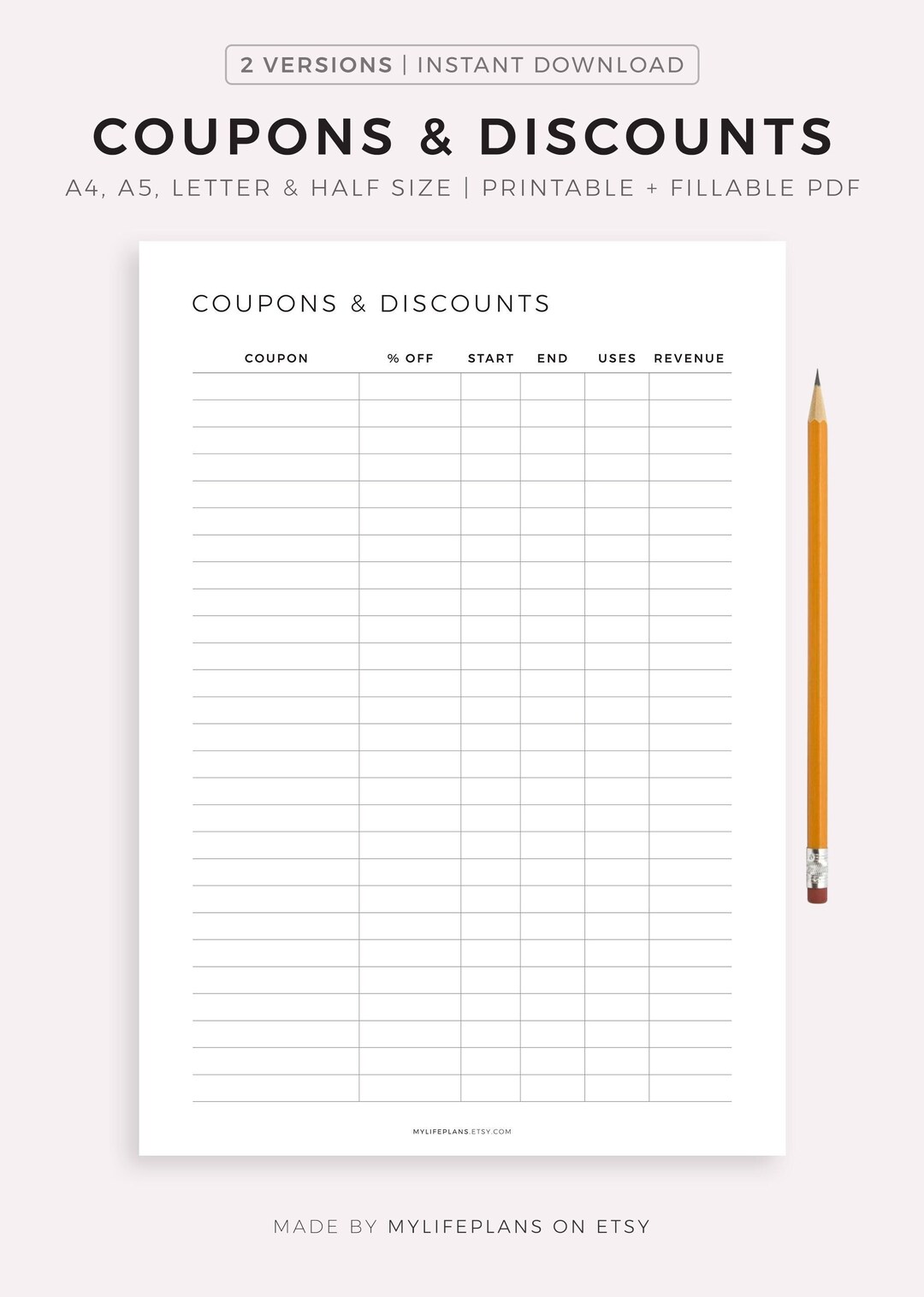 Online Shop Coupon & Discounts Tracker Printable, Business Coupon ...