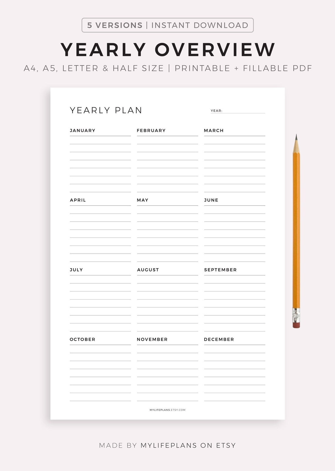 Yearly Overview Printable Yearly Planner on One Page Year at | Etsy UK