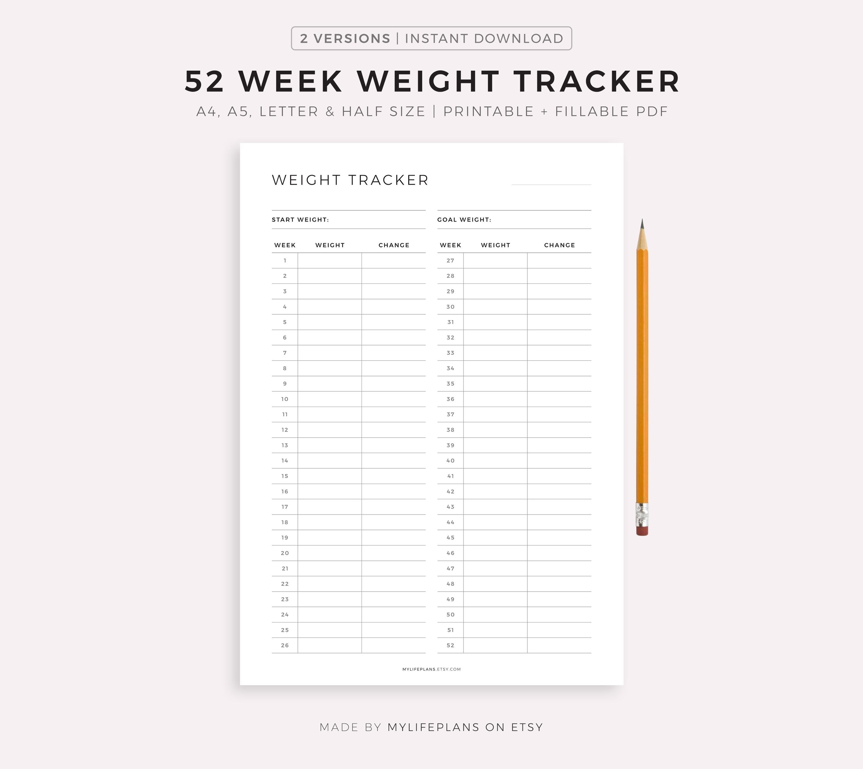 52 Week Weight Tracker Printable & Fillable, Weight Loss Tracker ...