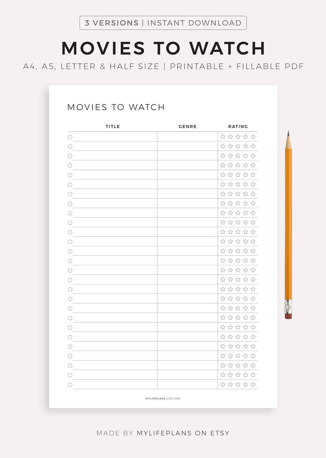 Movies to Watch List Printable, Movie Planner, Movie Tracker, Film ...