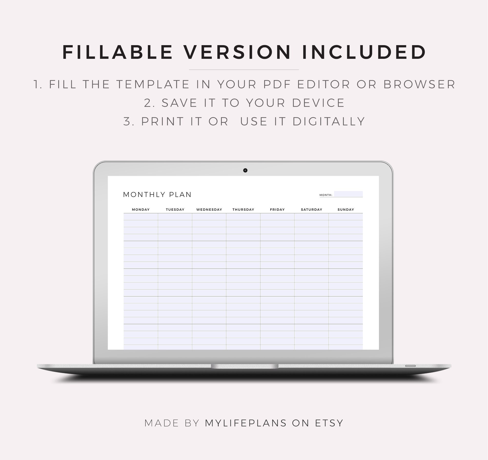 Printable Monthly Planner Landscape Undated Monthly - Etsy
