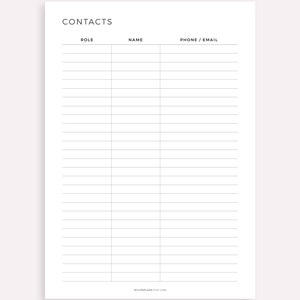 Work / Business Contact List Printable Template, A4/a5/letter/half Size ...