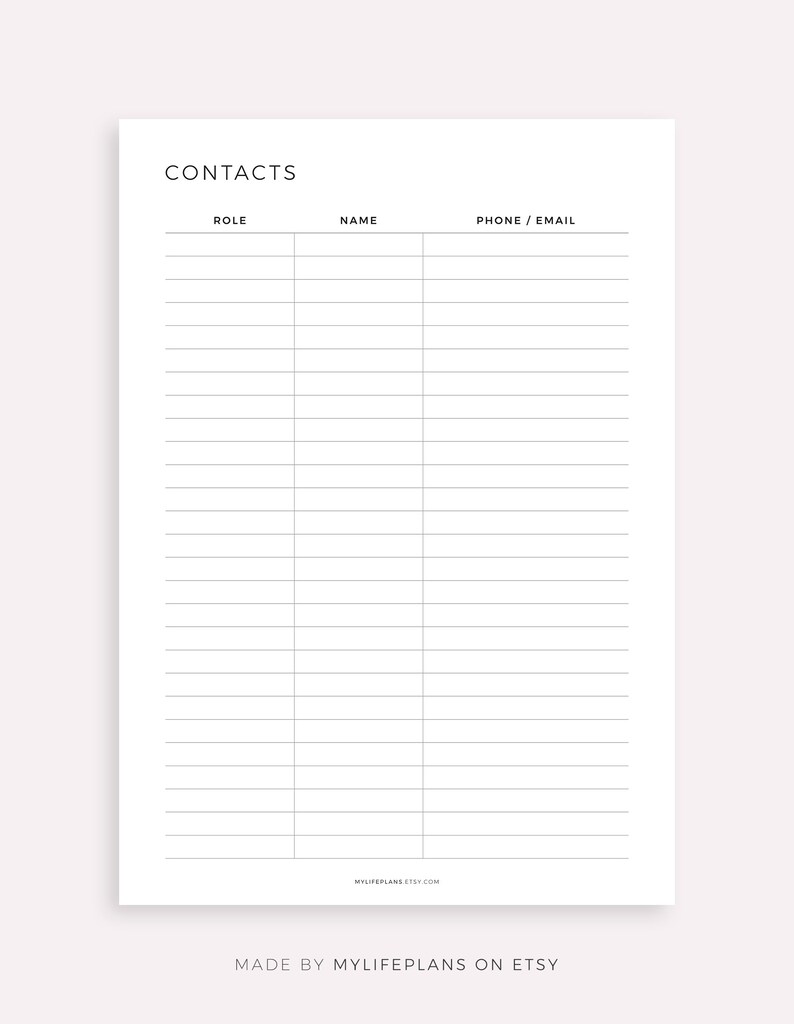 Work / Business Contact List Printable Template, A4/a5/letter/half Size ...