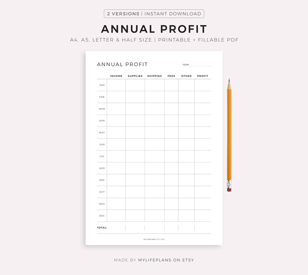 Annual Profit Tracker Printable, Business Profit Calculator, A4/a5 ...