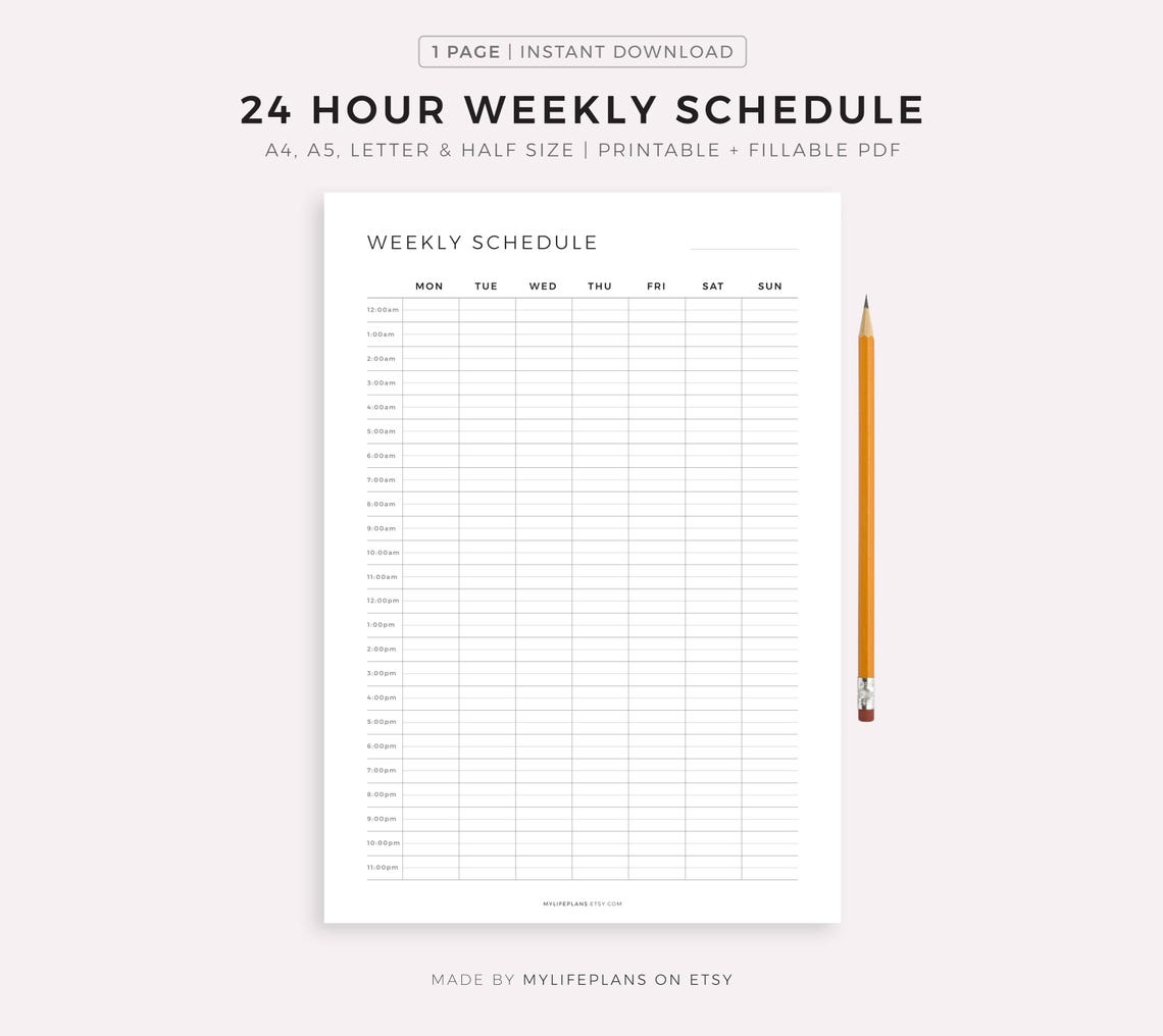 24 Hour Weekly Schedule, Week at a Glance, Weekly Agenda, Weekly ...