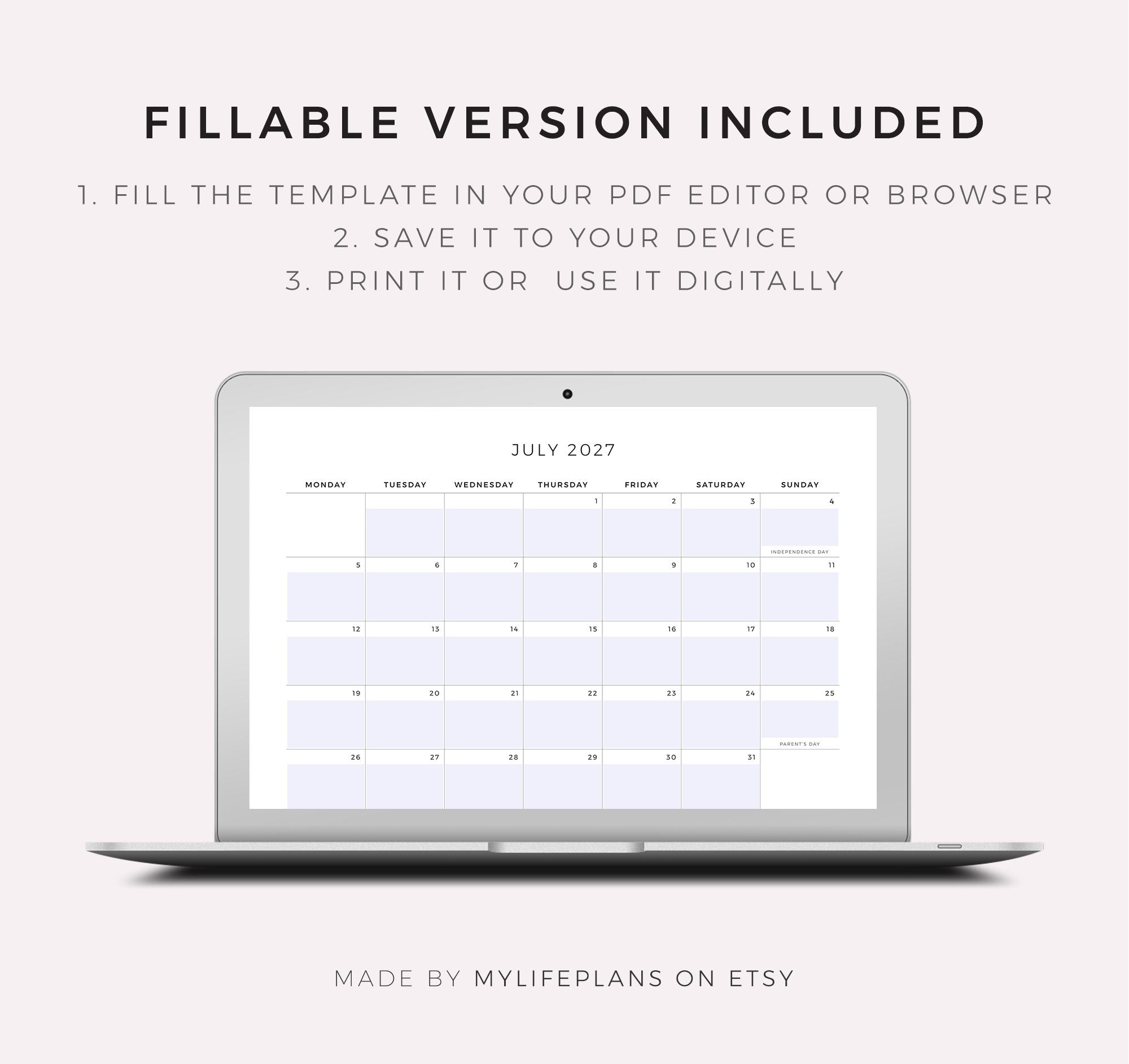2027 Monthly Calendar With Holidays, Printable Calendar Template ...