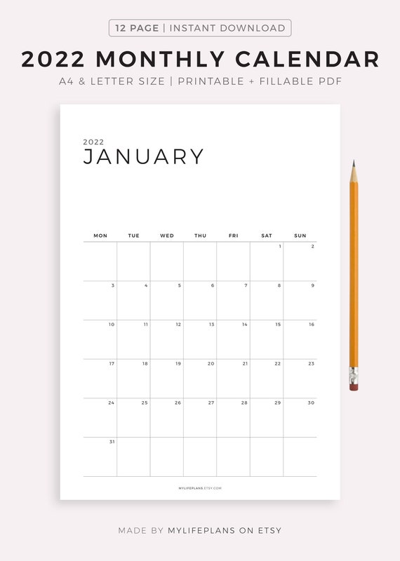 Paper & Party Supplies 12 Months 2022 Monthly Calendar Printable ...