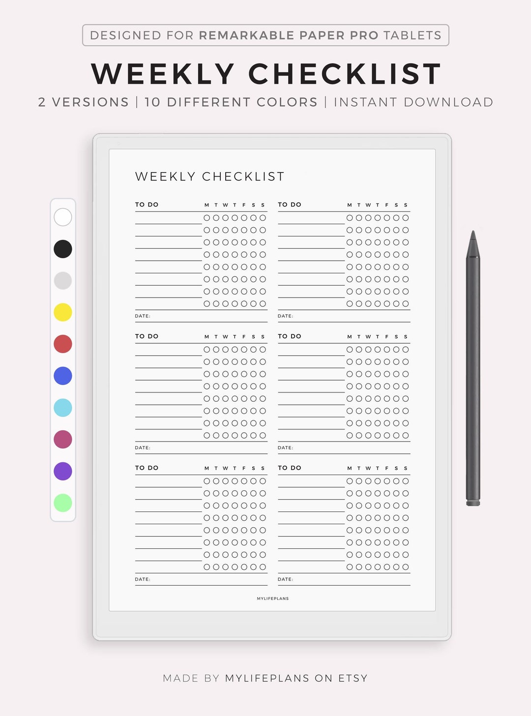 Weekly Checklist Planner for Remarkable Paper Pro, Weekly Task List, to ...
