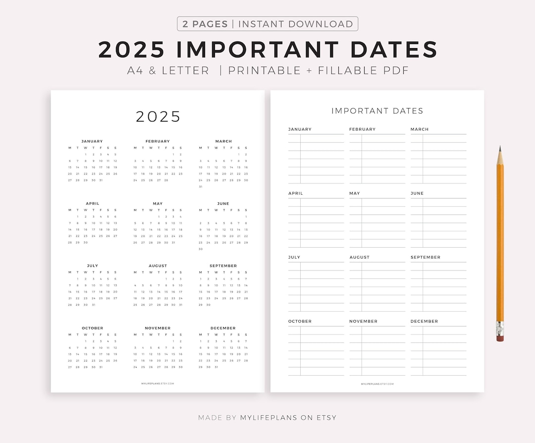 2025 Calendar and Important Dates Page Printable - Birthdays ...