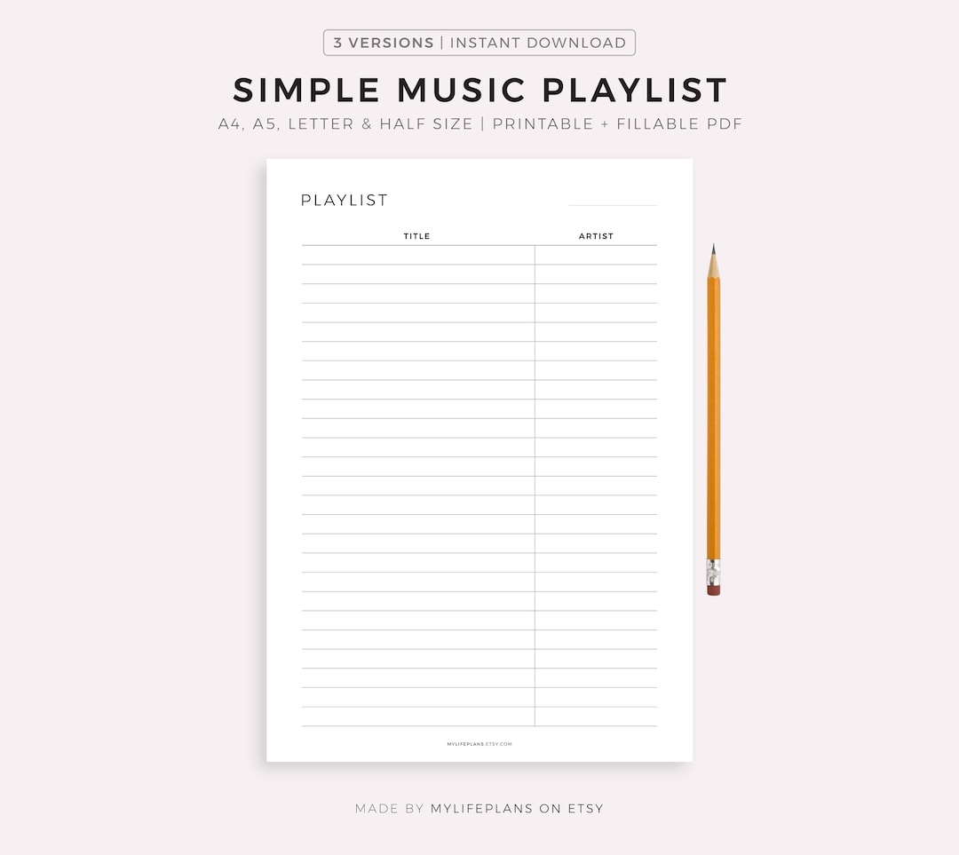 Simple Music Playlist Printable - Favorite Songs, Fitness Songs, Happy ...