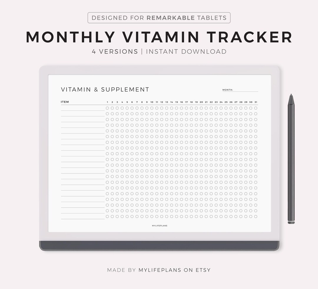 Monthly Vitamin Tracker for Remarkable 2, Landscape, Supplement ...