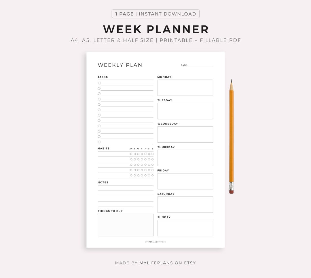Printable Week Planner PDF, Weekly to Do List, Weekly Habit Tracker ...