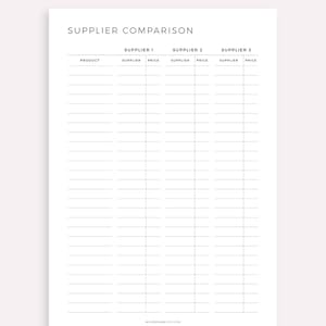Supplier Comparison Sheet Printable & Fillable, Compare Suppliers for ...