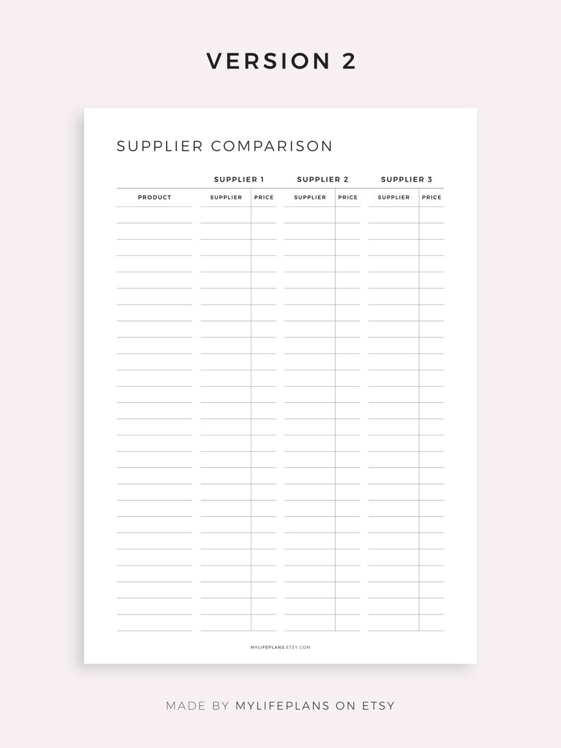 Supplier Comparison Sheet Printable & Fillable Compare - Etsy