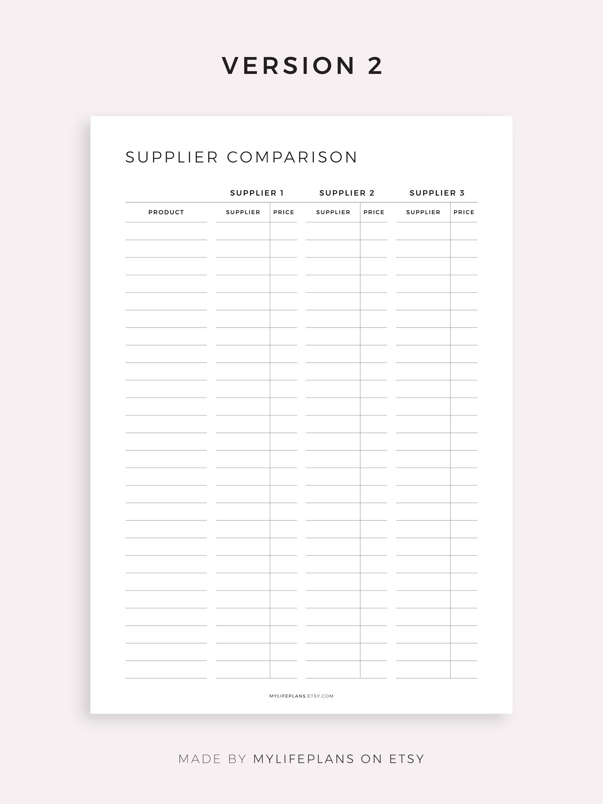 Supplier Comparison Sheet Printable & Fillable, Compare Suppliers for ...