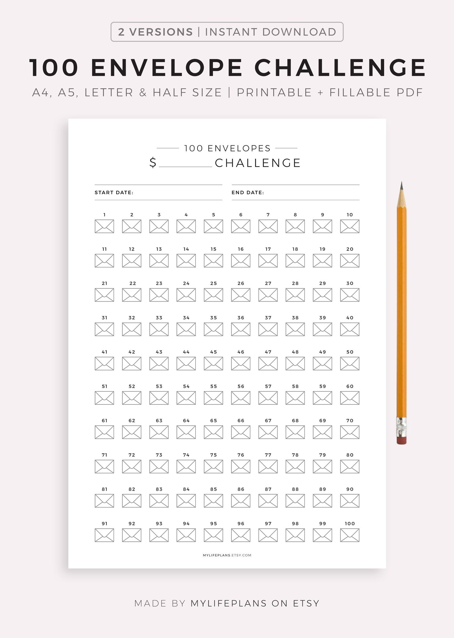 100 Envelope Challenge Printable Money Saving Challenge - Etsy