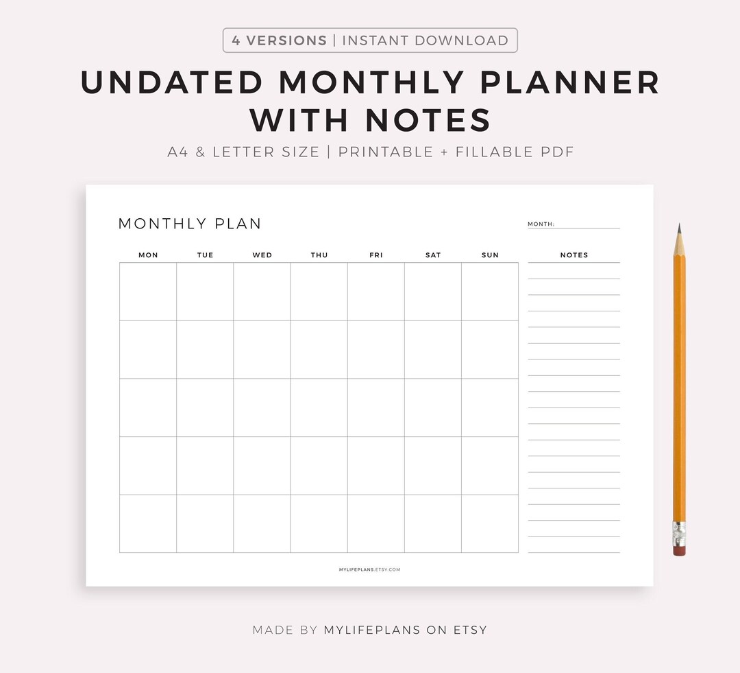 Undated Monthly Planner With Notes, Monthly Organizer, Month at a ...