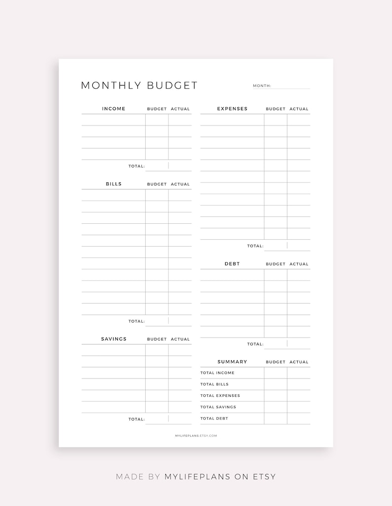 Monthly Budget Planner Printable & Fillable PDF, Budget Tracker ...
