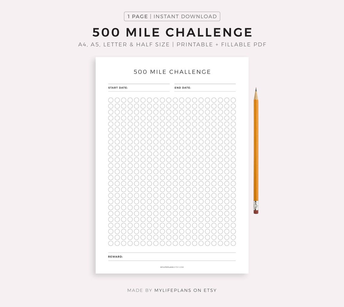 500 Mile Running or Walking Challenge Printable, Workout Challenge ...