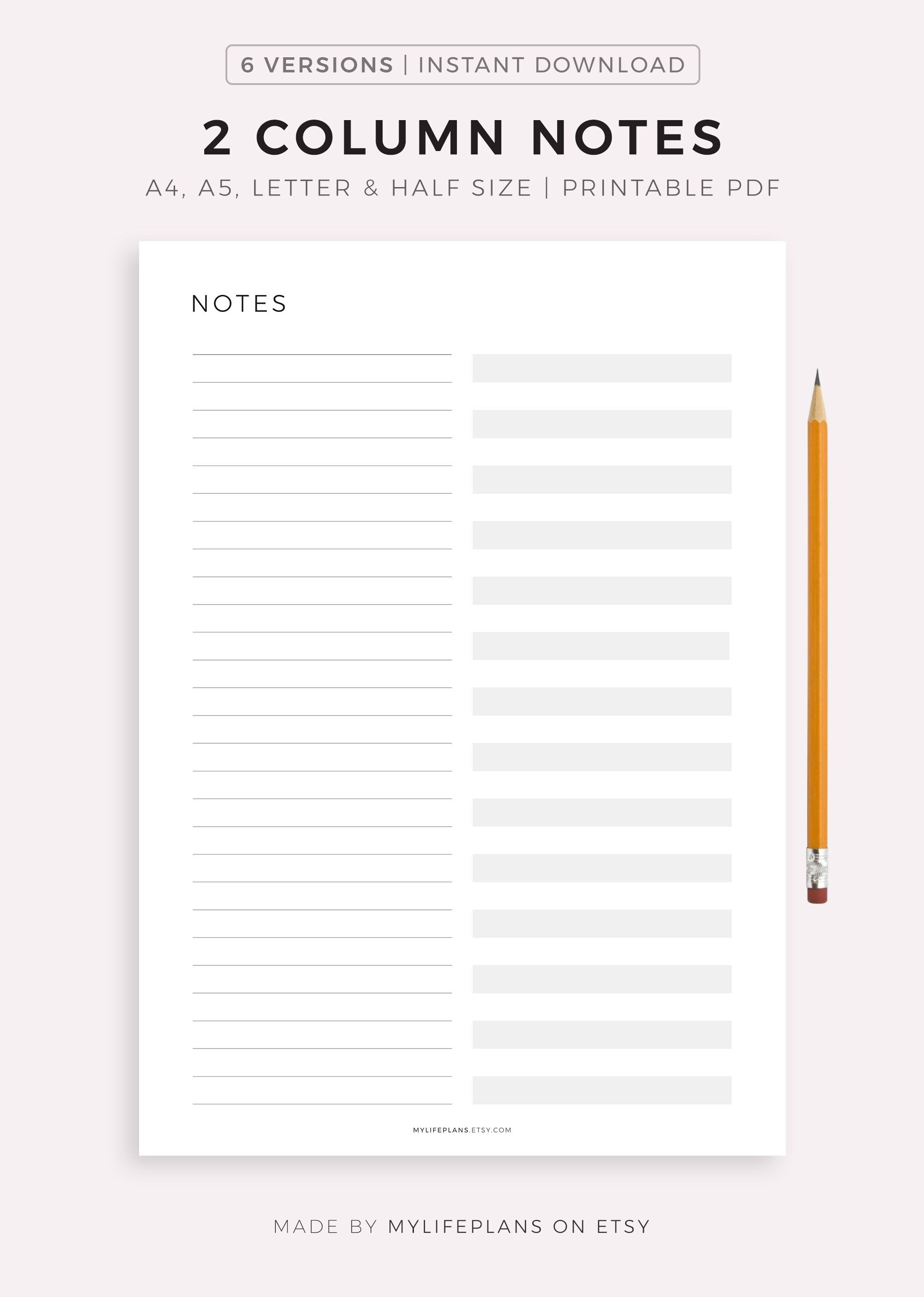 2 Column Notes Page Printable Notes Template Writing Paper Etsy Australia