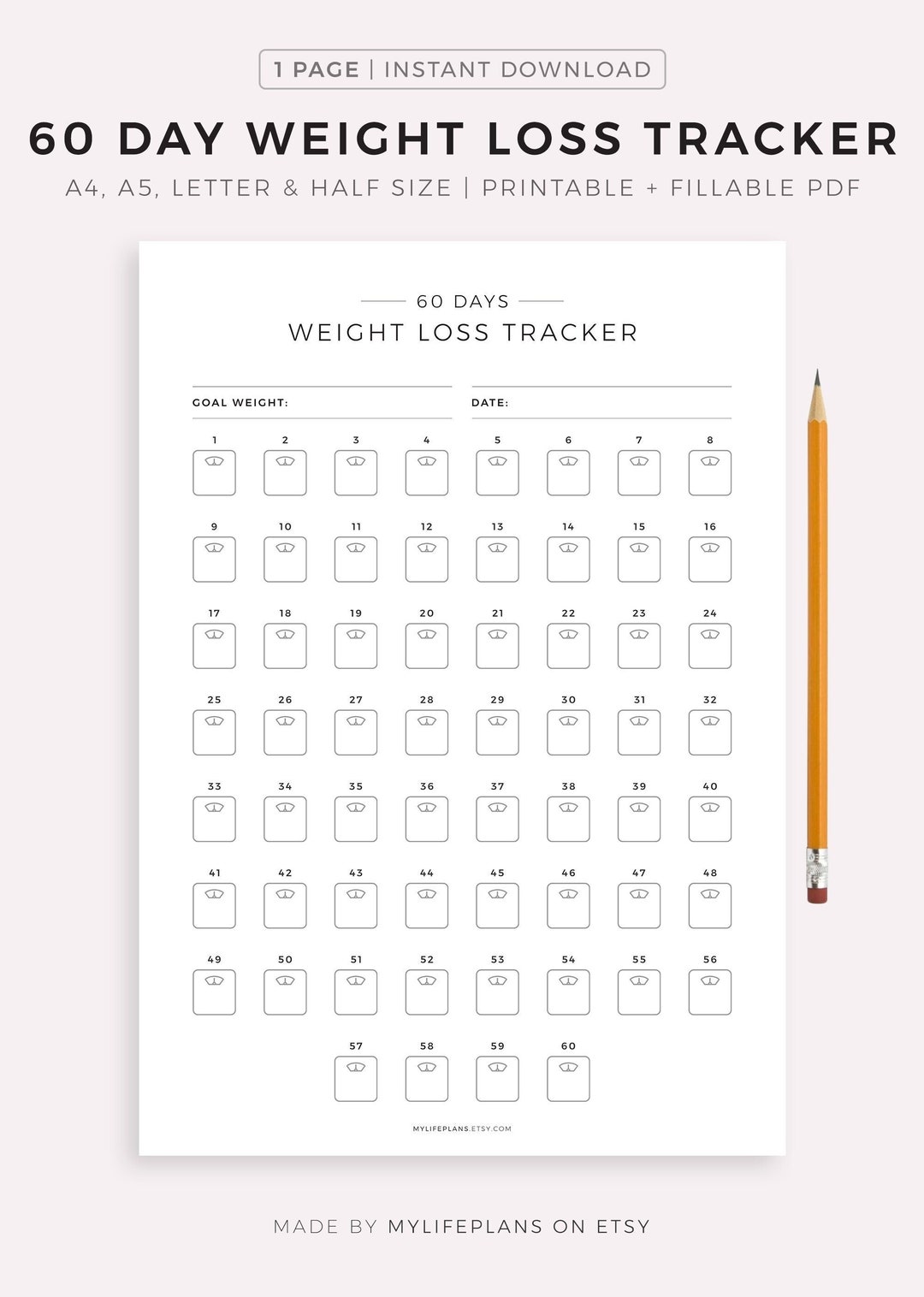 60 Day Weight Loss Tracker Printable, Weight Loss Challenge, Weight ...