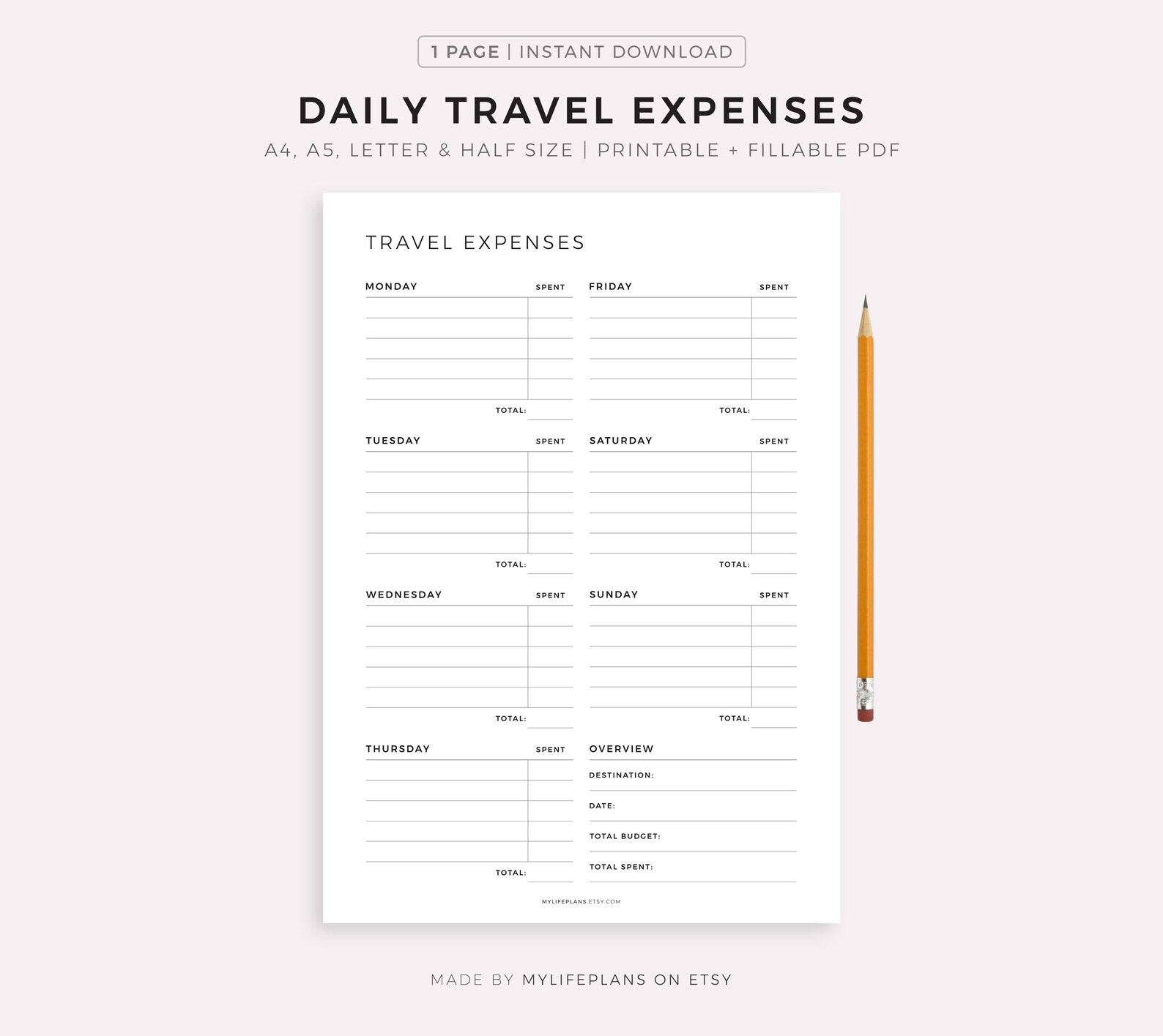 Printable Daily Travel Expenses Tracker - Vacation Spending, Holiday ...