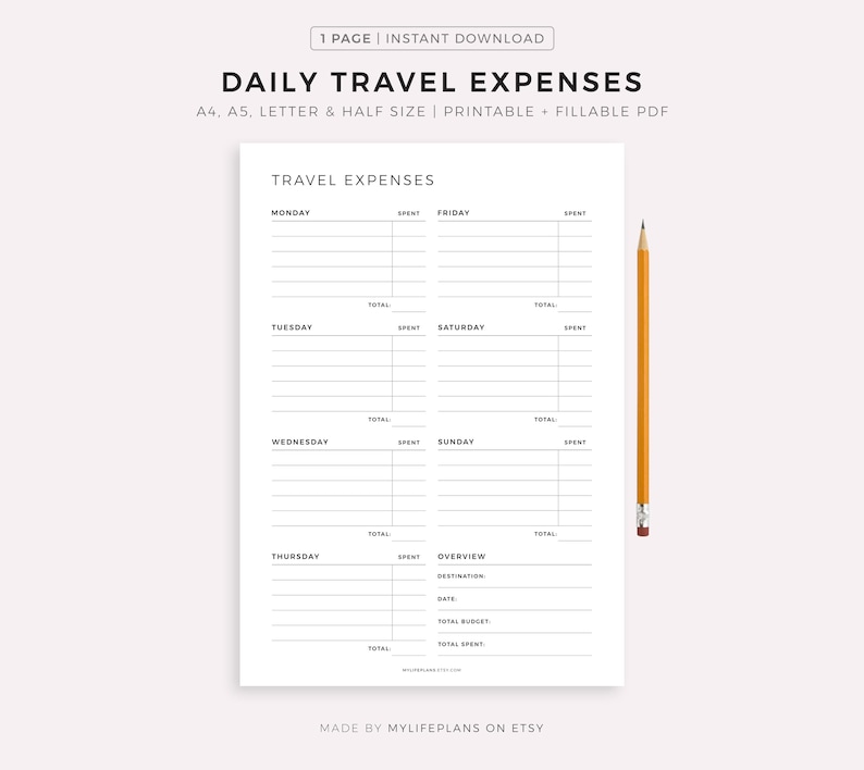 Printable Daily Travel Expenses Tracker - Vacation Spending, Holiday ...