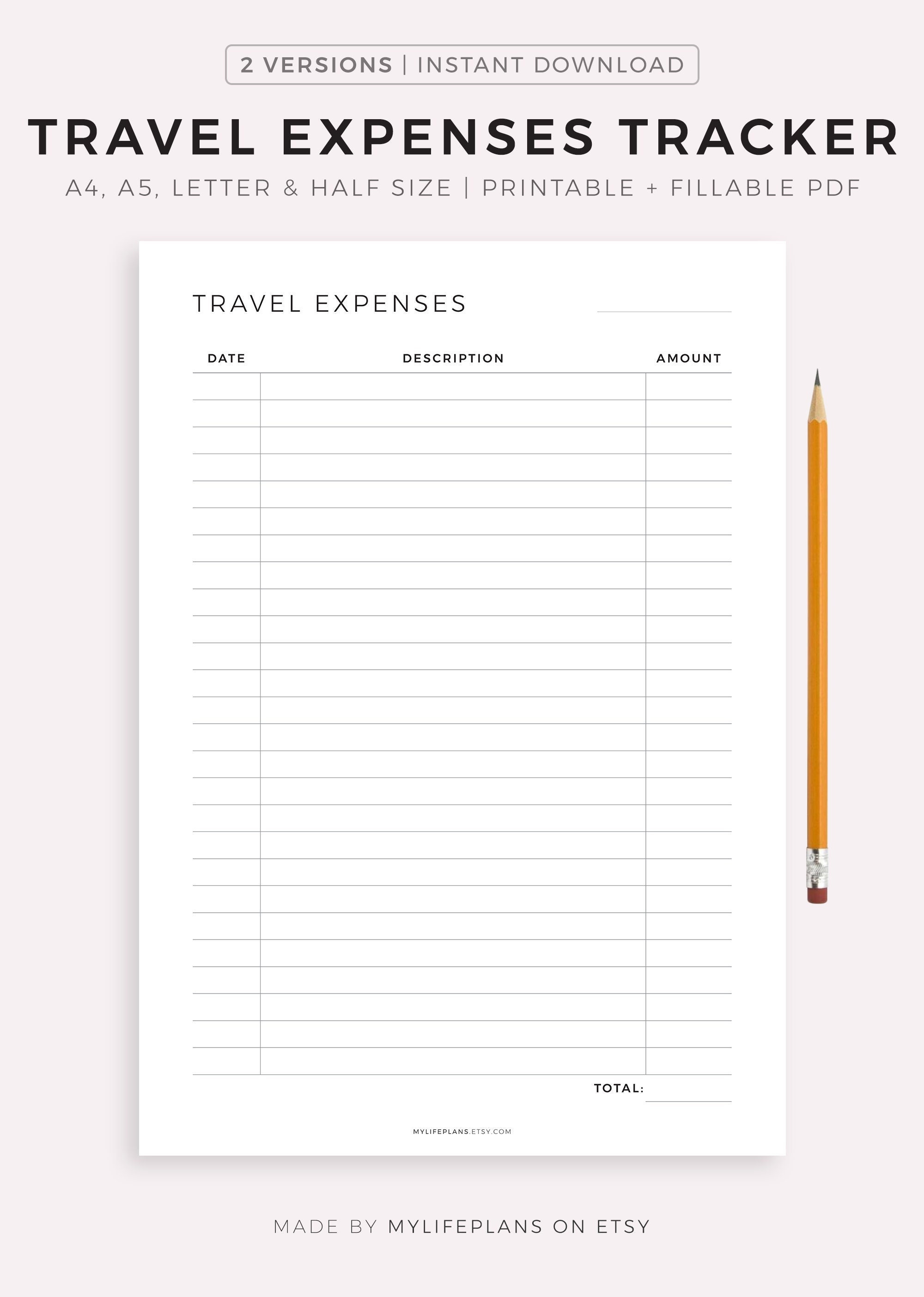 Simple Travel Expenses Tracker Printable Work / Vacation - Etsy