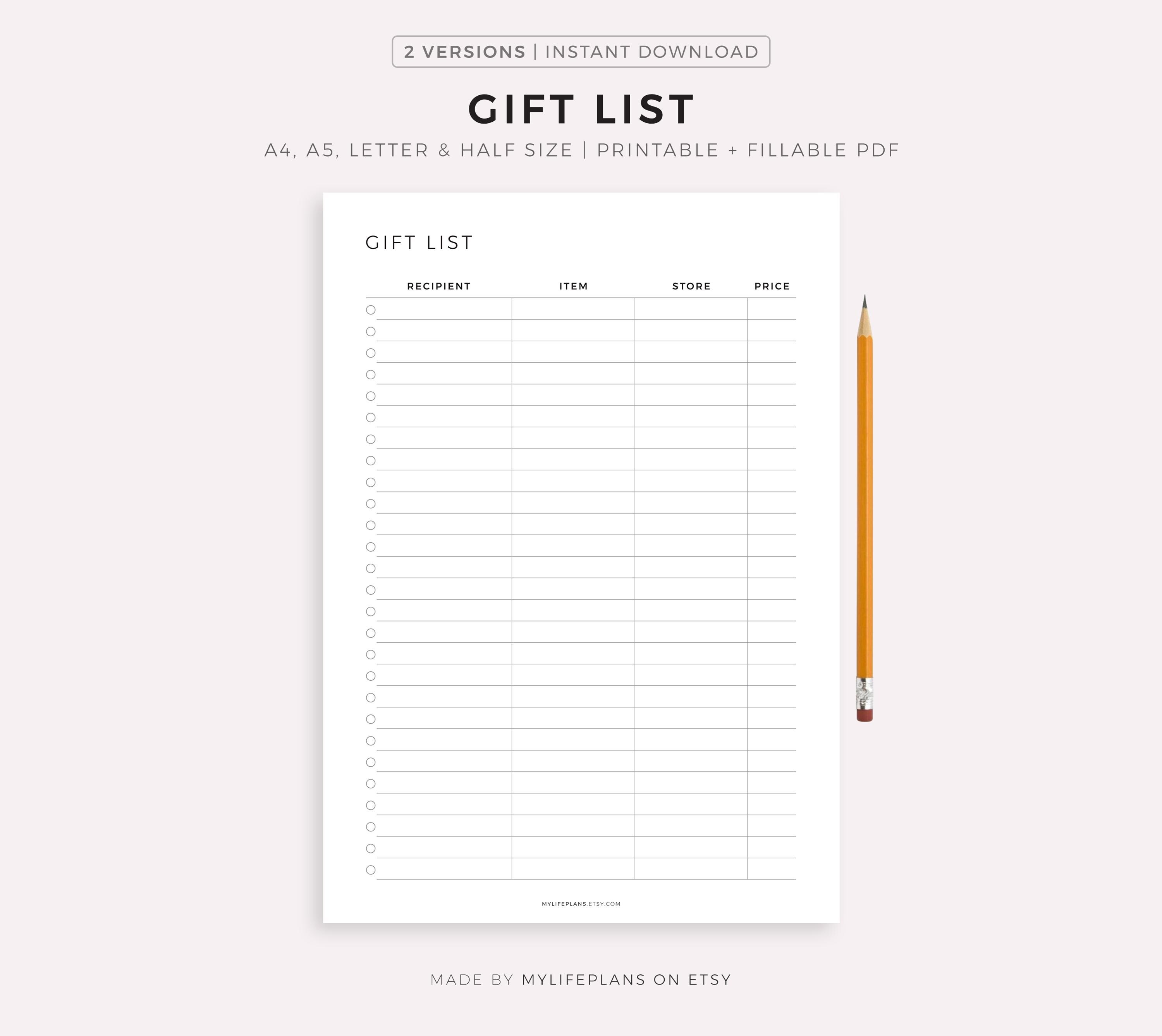 Simple Gift List Planner Printable, Gift Ideas, Gift Tracker, Gift ...