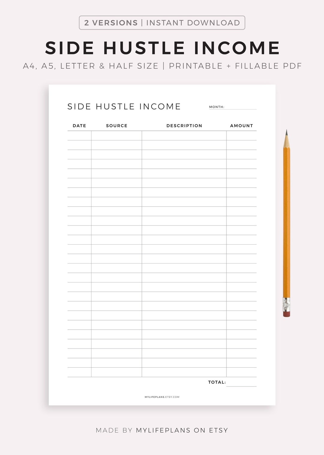 Side Hustle Income Printable Template, Passive Income Stream Tracker ...