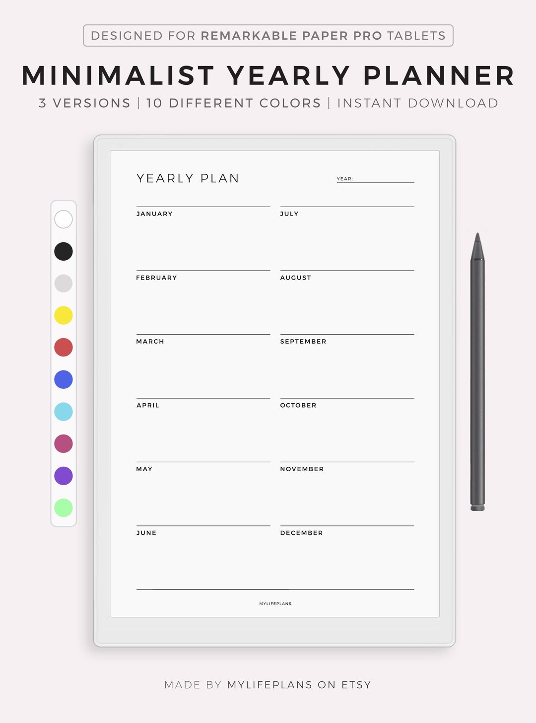 Minimalist Yearly Planner on One Page, Year at a Glance, Annual ...