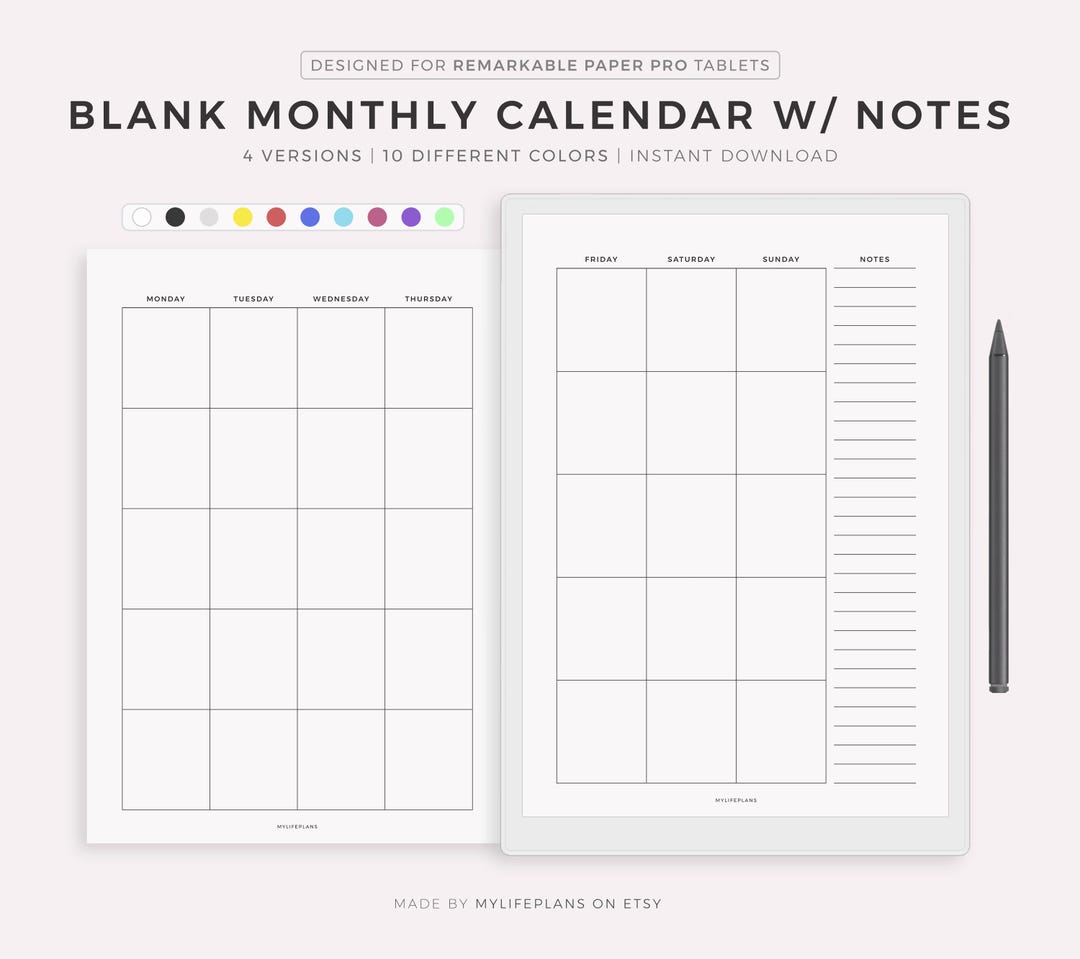 Blank Monthly Calendar With Notes, 2 Page Calendar Template, Compatible ...