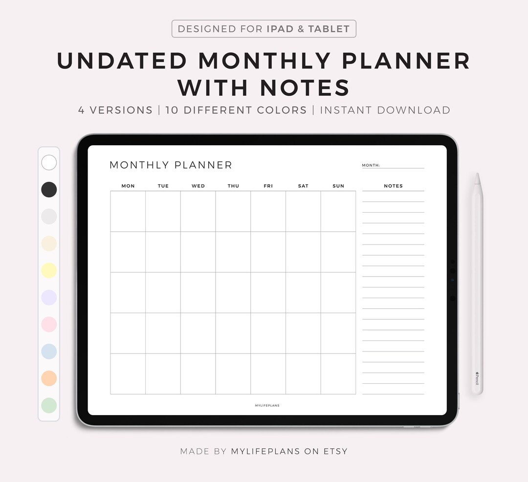 Undated Monthly Planner With Notes, Monthly Organizer, Month at a ...