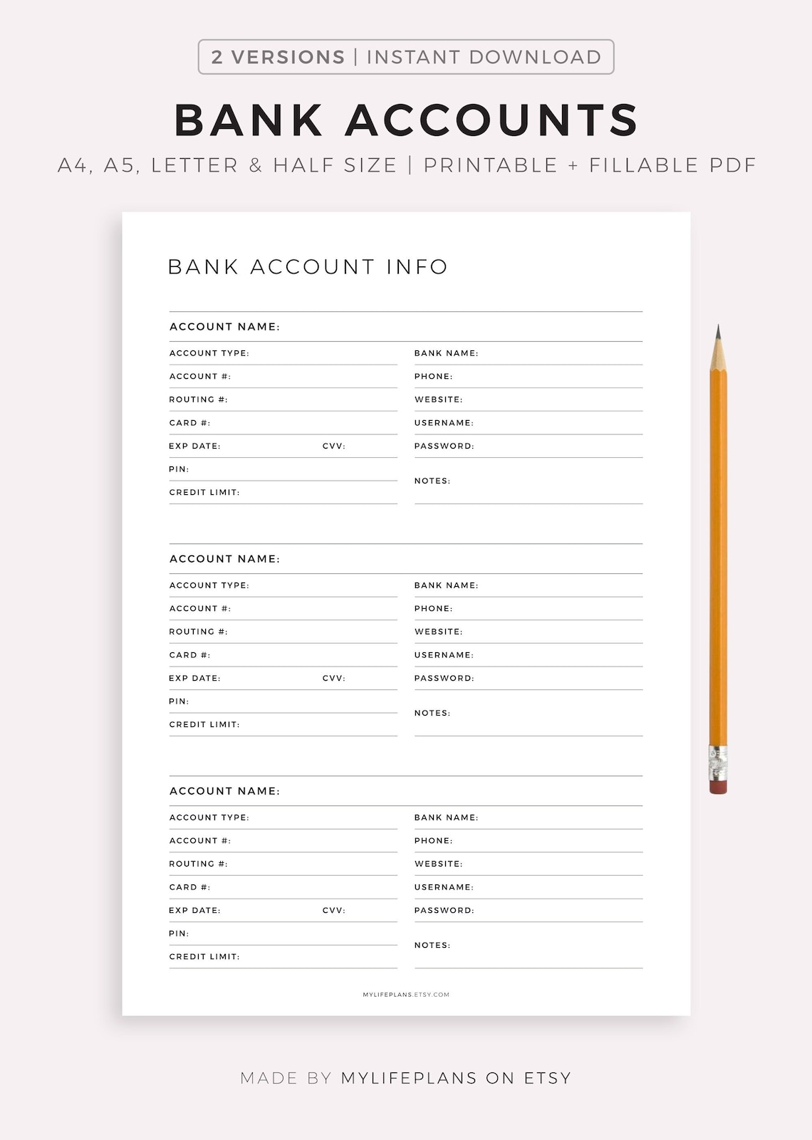 Bank Accounts Tracker Printable Template Bank Account List - Etsy UK