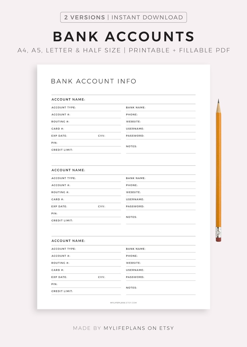 Bank Accounts Tracker Printable Template Bank Account List - Etsy UK