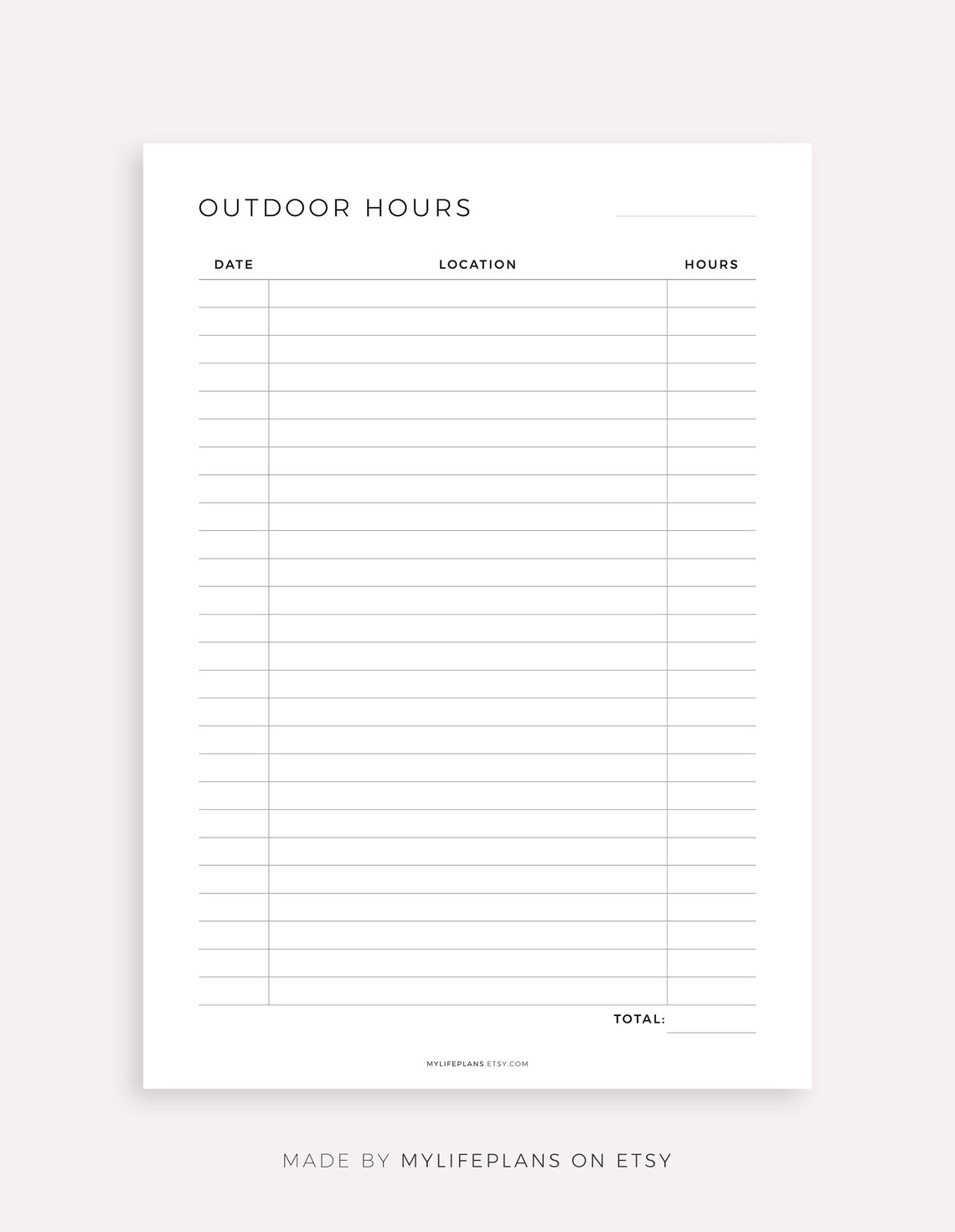 Outdoor Hours Tracker Printable, Track Your Time Outdoors, Activity Log ...