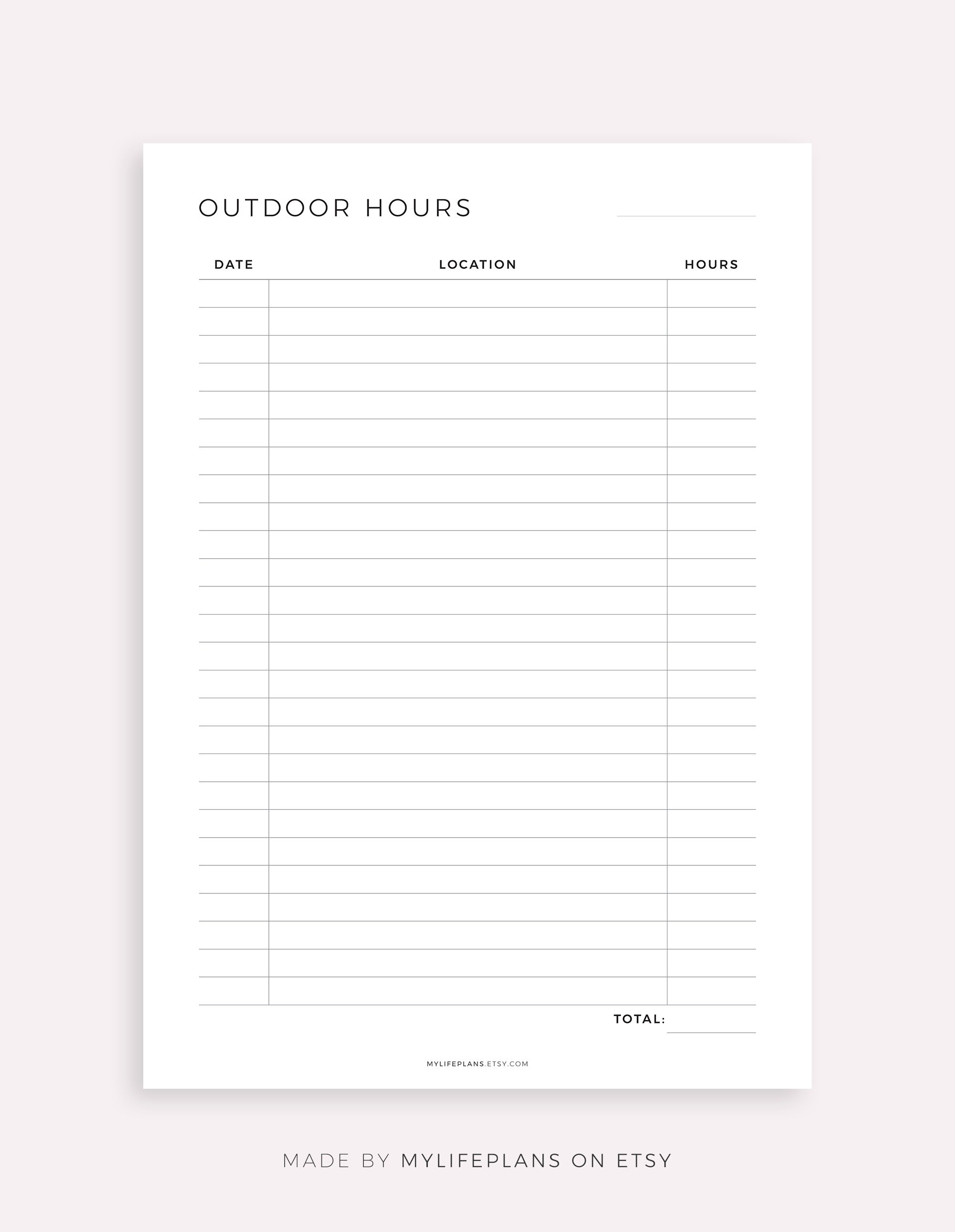 Outdoor Hours Tracker Printable, Track Your Time Outdoors, Activity Log ...