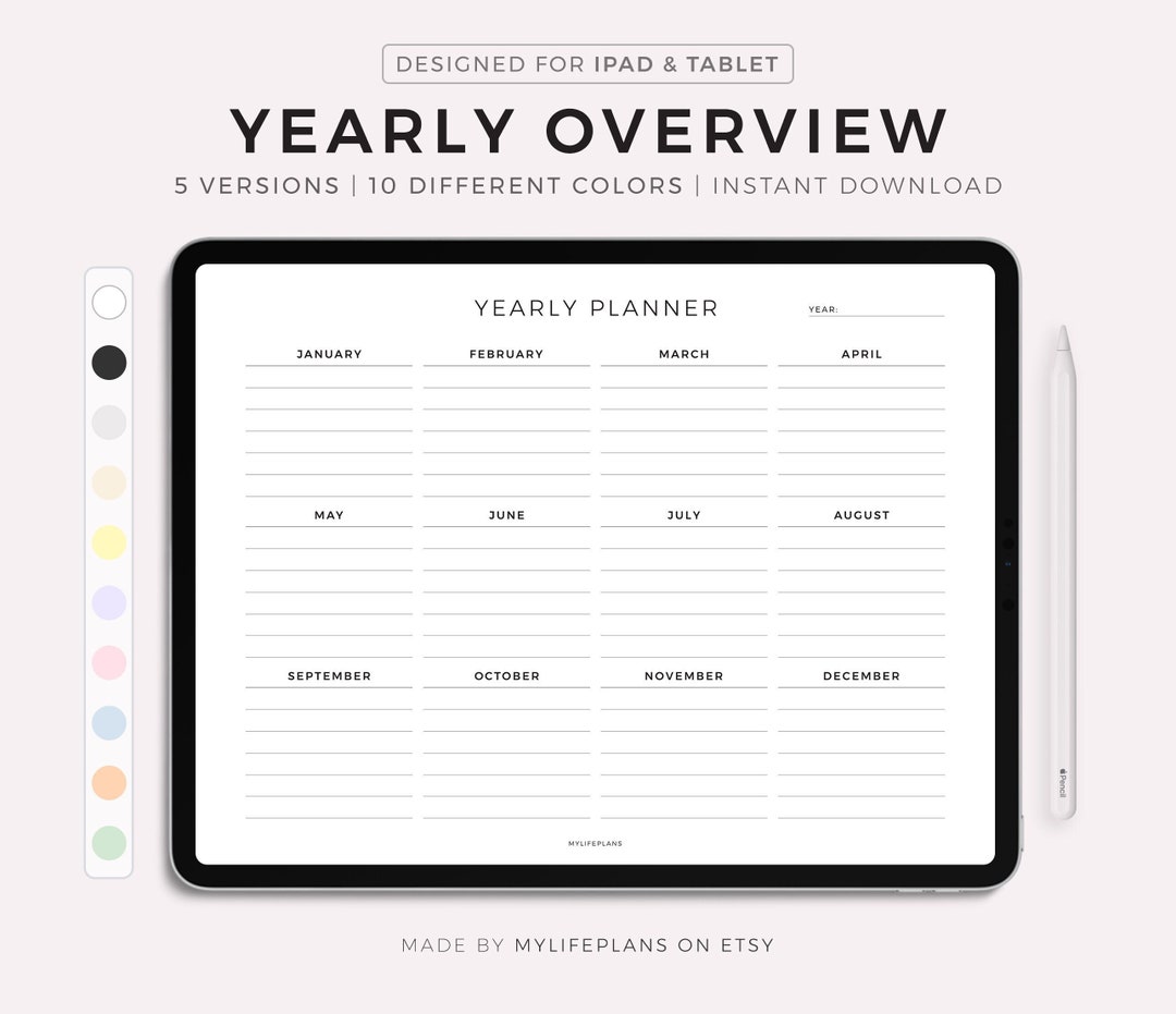 Yearly Overview Landscape, Digital Yearly Planner, Year at a Glance ...