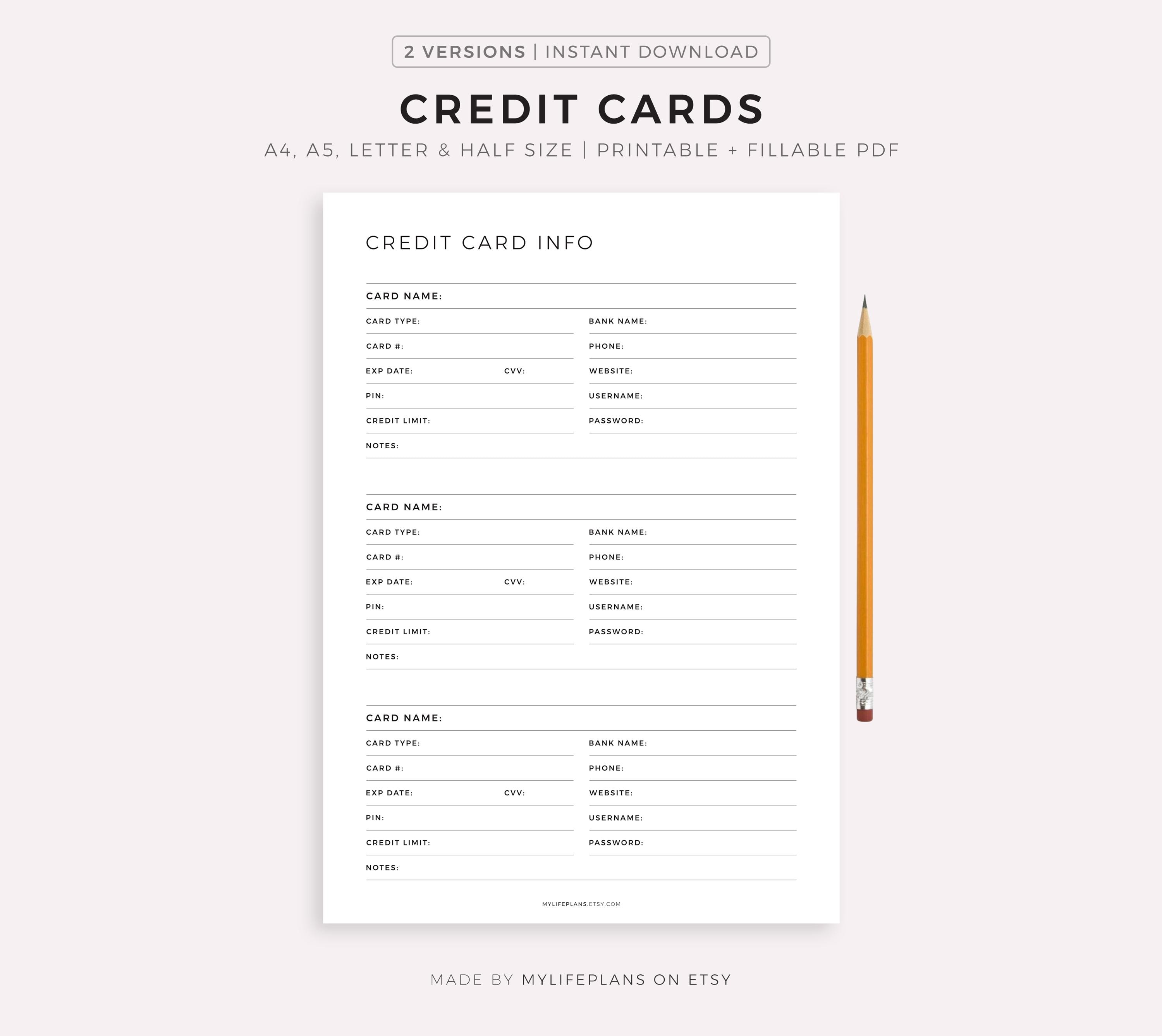 Credit Card Tracker Printable Template, Credit Card List, Credit Card ...
