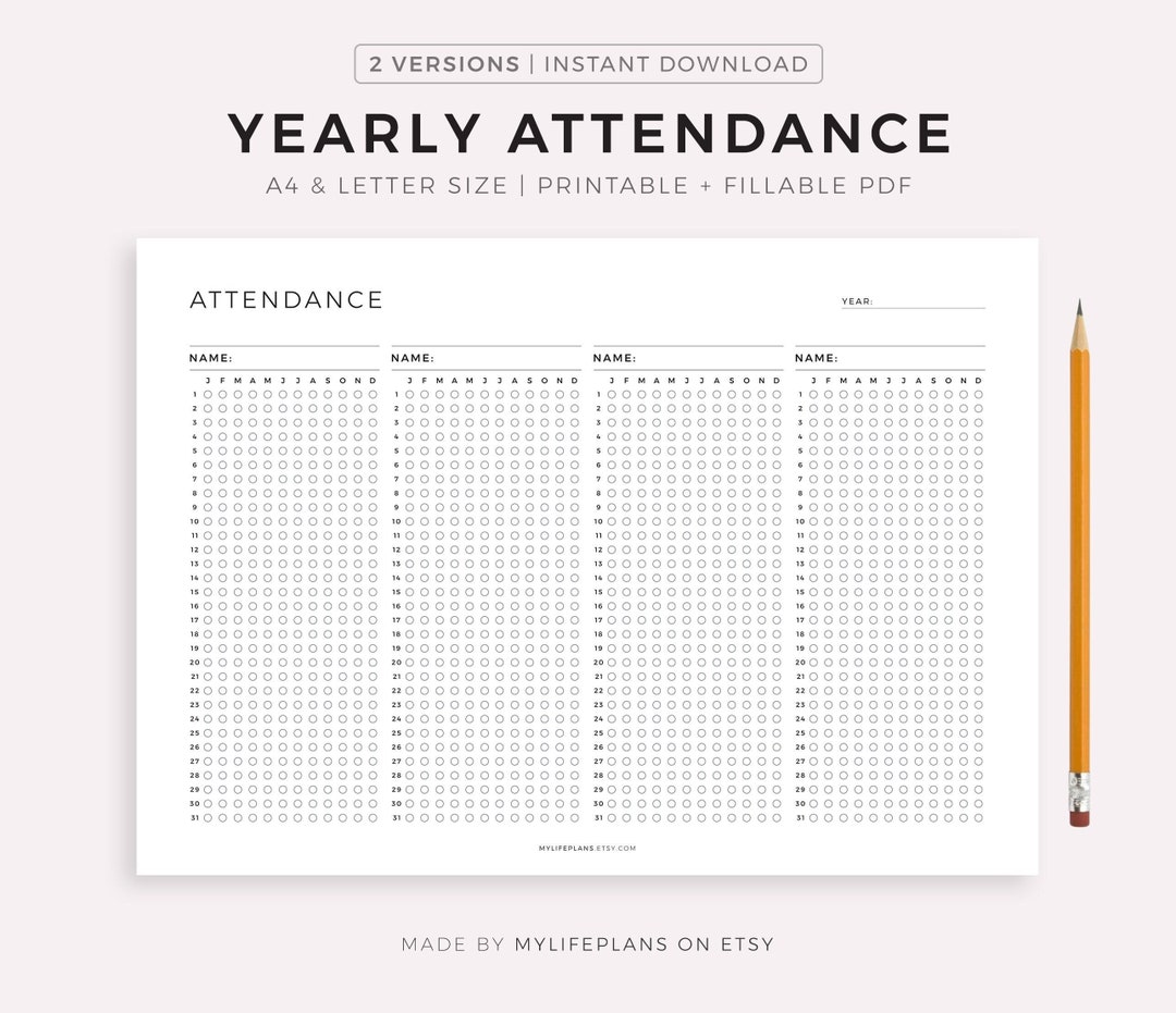 Yearly Employee Attendance Log Printable Working Days, Days Off ...