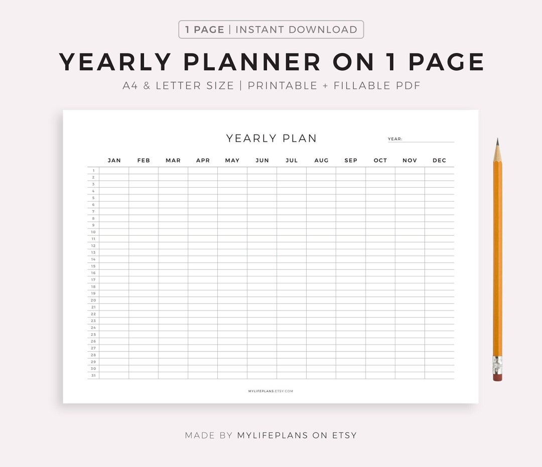 Yearly Planner on 1 Page Landscape, Year at a Glance, Calendar Template ...