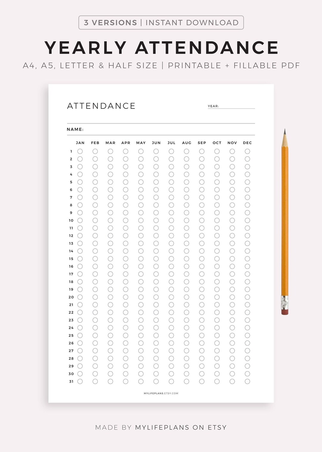 Yearly Employee Attendance Log Printable - Working Days, Days Off ...
