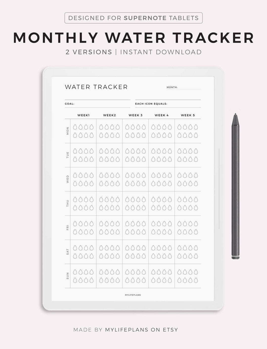 Monthly Water Tracker for Supernote A5X2/A5X/A5/A6X2/A6X/A6, Hydration ...