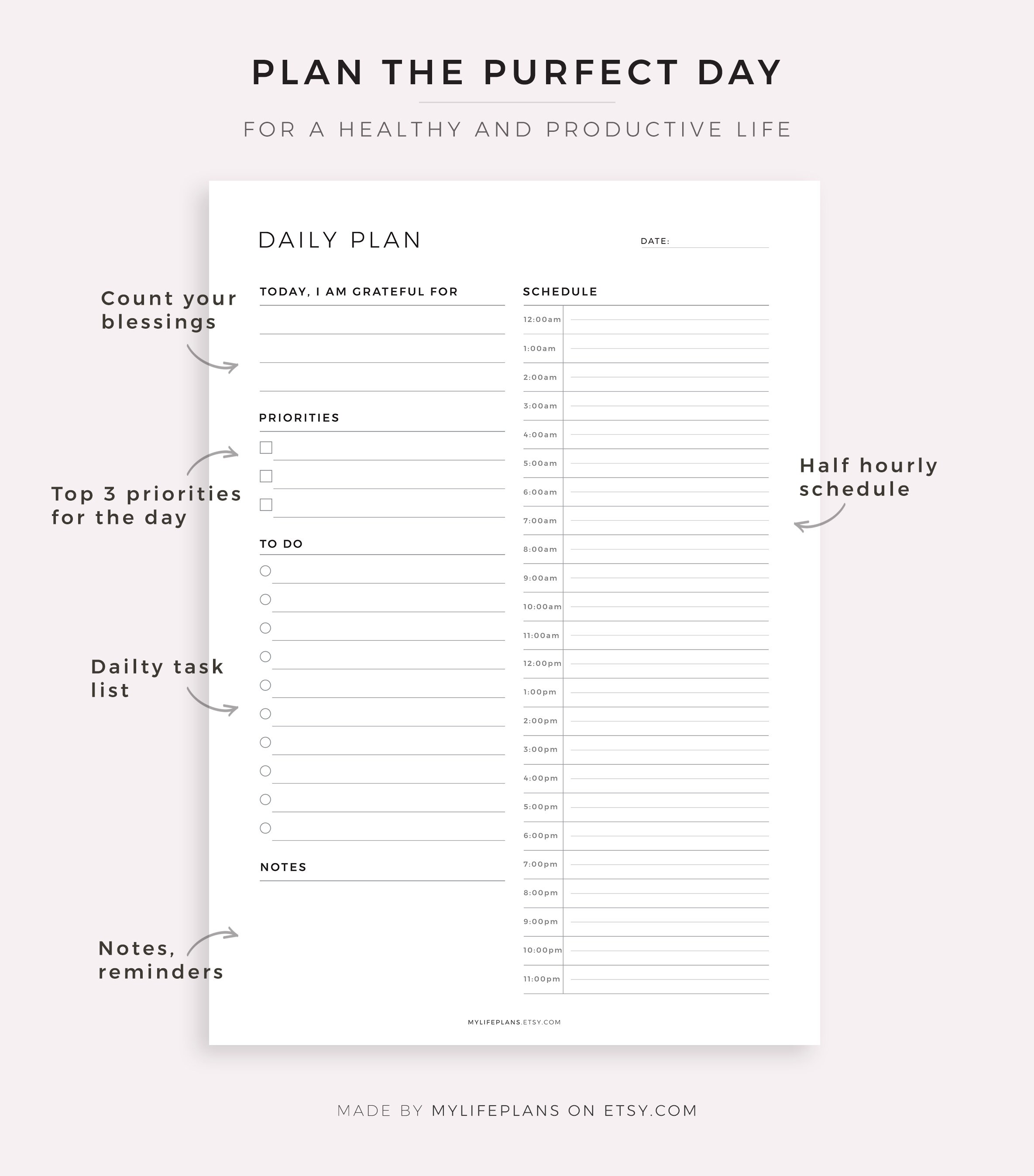 24 Hour Daily Planner Printable, Daily to Do List for Work / Personal ...