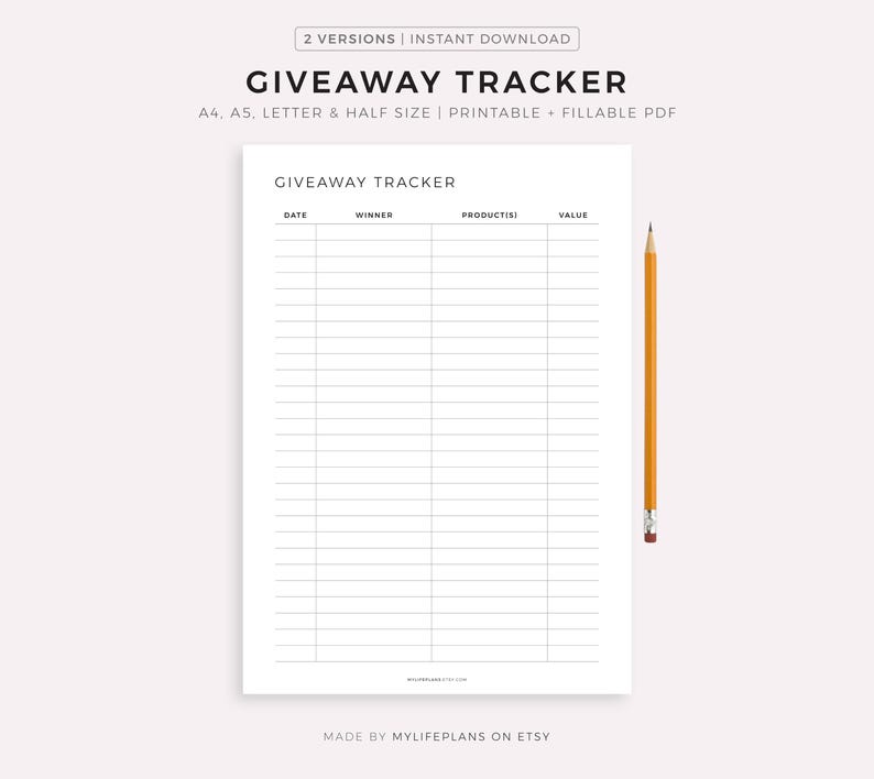 Giveaway Tracker Printable, Business Giveaway, Social Media Influencer ...