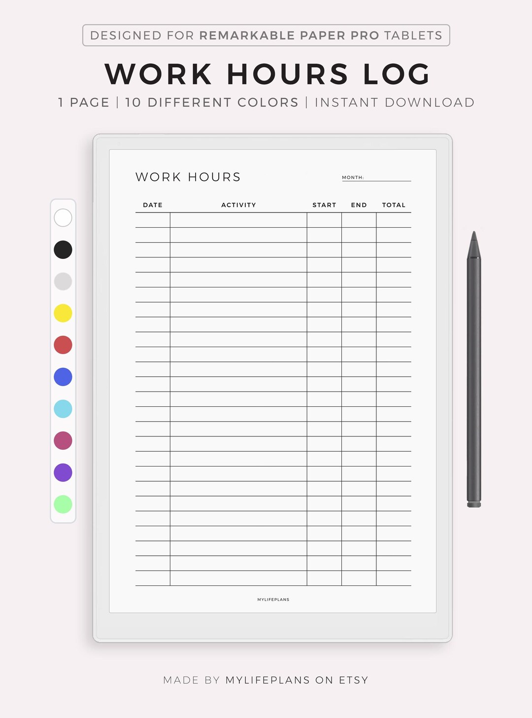 Working Hours Log for Remarkable Paper Pro, Work Time Tracker, Activity ...
